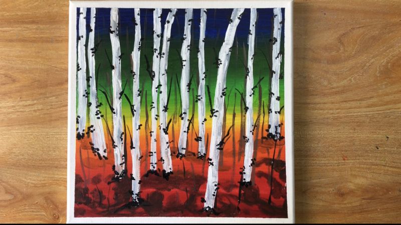 丙烯画/多彩背景下的树/简单风景画/初学者绘画入门教程