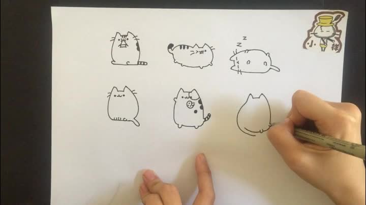 小样卡通画|又肥又萌的大猫爬到手帐上画面超可爱卡通简笔画