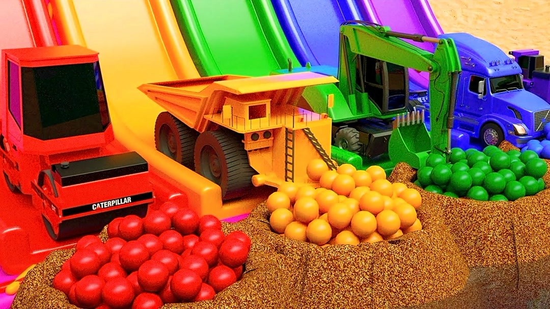 儿童工程车动画,消防车给翻斗车和推土机涂颜色