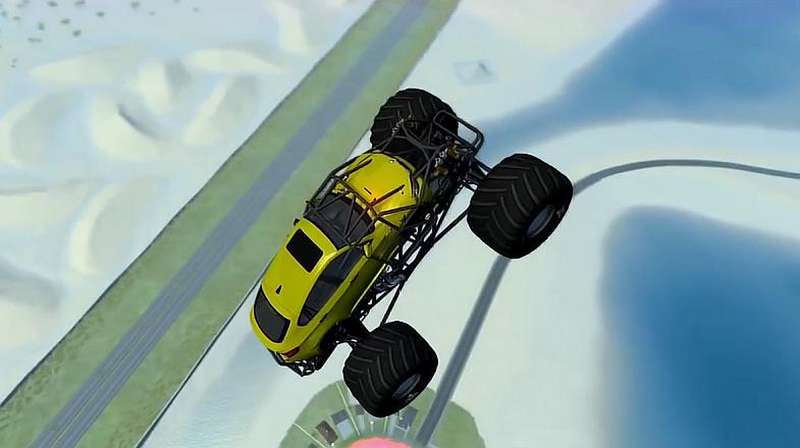 BeamNG:宝马x6大脚越野车开足马力从运输机冲下去,拟真车祸模拟