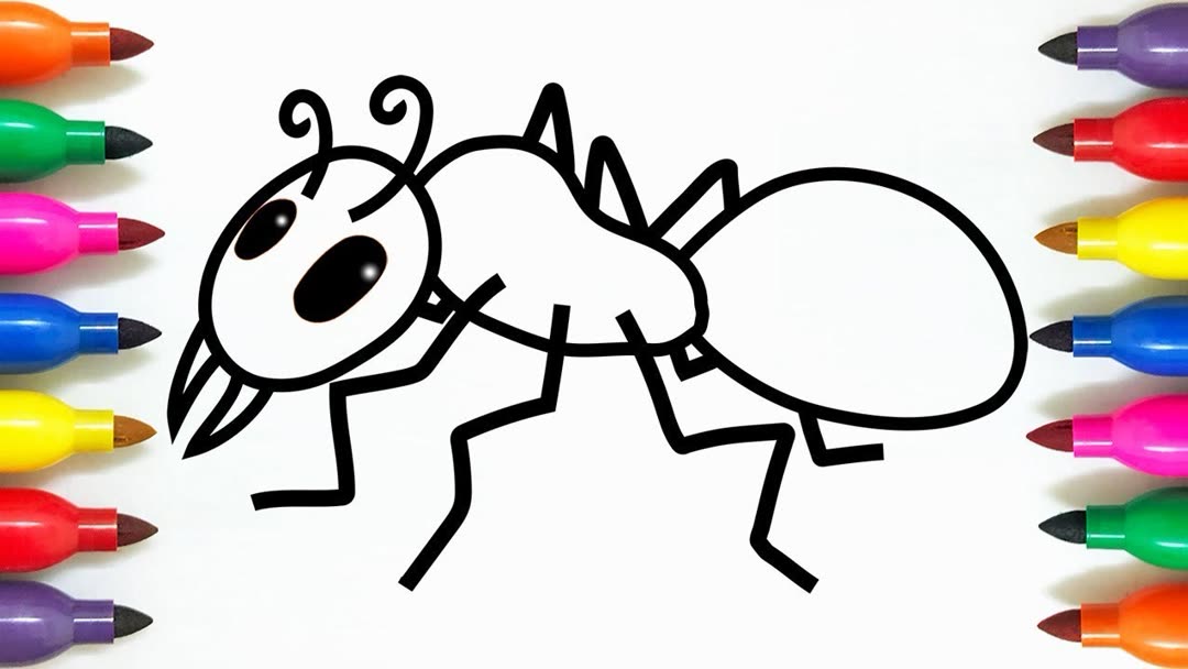 如何为孩子们画蚂蚁着色页,简单有趣的儿童彩绘游戏,绘画卡通!
