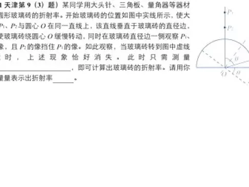 2011年高考物理天津卷第9题(3)(测半圆形玻璃砖的折射率)