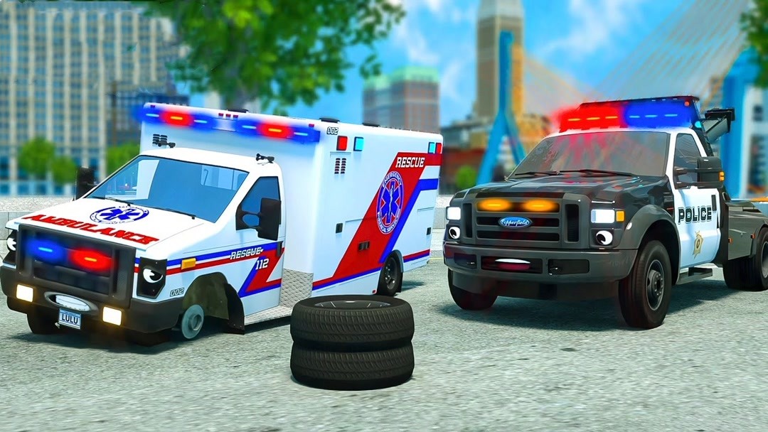 工程车卡通,警车和消防车修理救护车