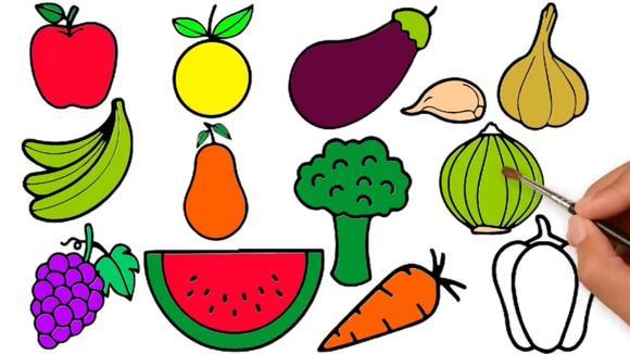 儿童绘画:给水果蔬菜涂颜色 创意美术早教英语课程