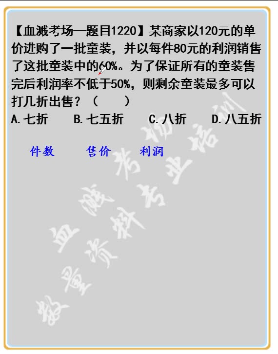 某商家以120元的单价进购了一批童装,并以每件80元的利润销售了这批...