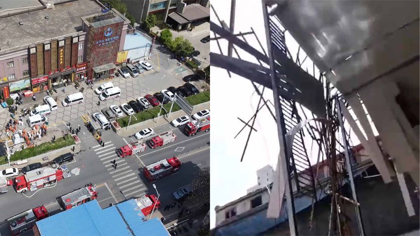 航拍郑州一游泳馆局部坍塌现场:致3死9伤 经营者已被警方控制
