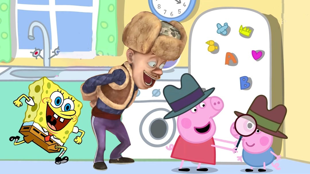 佩奇玩放大镜将乔治的眼睛放大,光头强教海绵宝宝如何使用放大镜
