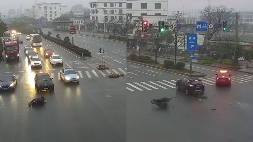 "真头铁"!桂林一男子骑电动车闯红灯,1分钟被撞3次