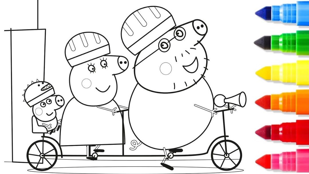 幼儿园画画教程 小猪佩奇一家人简笔画 有颜色的彩色画