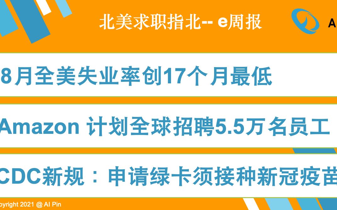 ...E周报(9月第1周):8月全美失业率创17个月最低;Amazon 计划全球招聘...