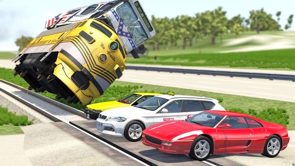 卡通游戏火车头撞上小轿车