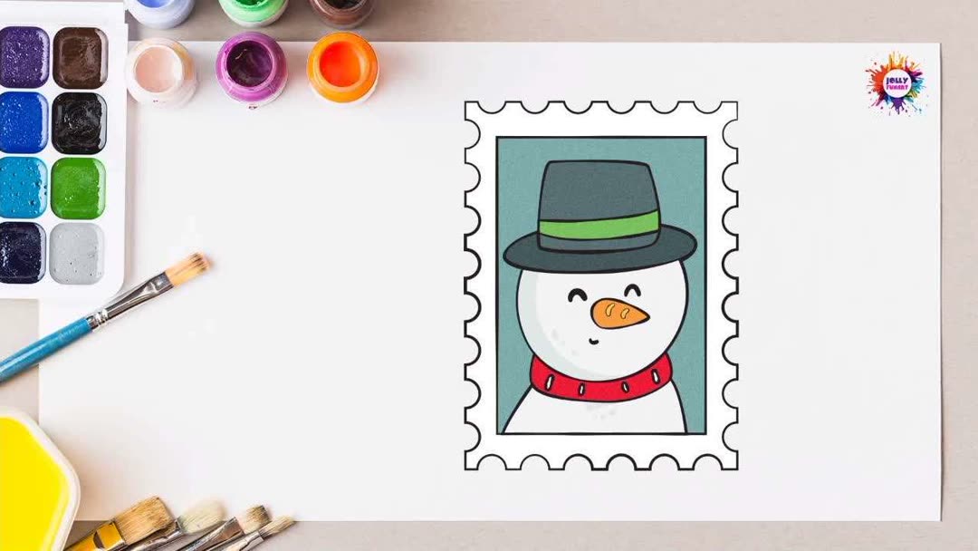 趣味儿画:圣诞节雪人邮票之小孩绘画涂色