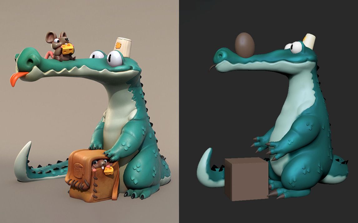 【zbrush雕刻】小鳄鱼模型雕刻教程,ZB卡通动物雕刻上色过程