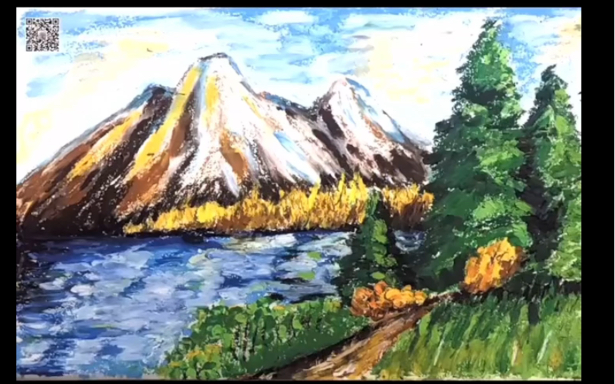 油画棒风景画山水树木蓝天白云手绘