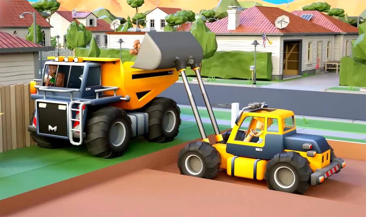 少儿│挖掘机和工程车修建钓鱼池和房子,工程车视频表演动画