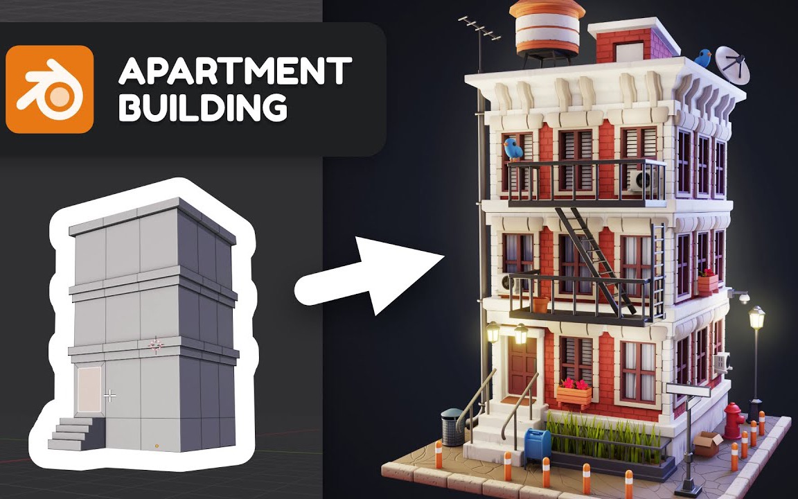 Blender 2.91 建模复古动画风格的公寓楼房模型
