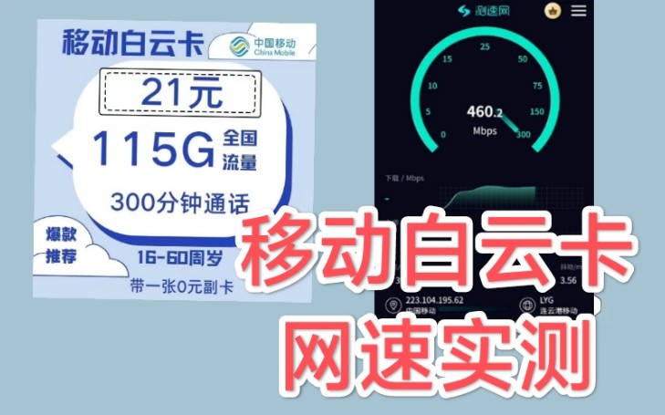 移动白云卡网速实测 移动21元115G通用+300分钟通话,主副共享,副卡0...