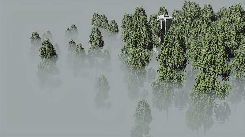 c4d制作 天空漂浮着树林和别墅