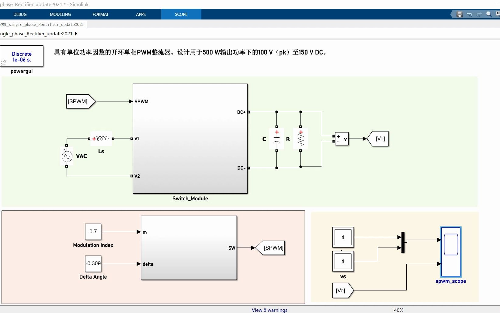单位功率因数控制的单相PWM整流器仿真模型matlab simulink