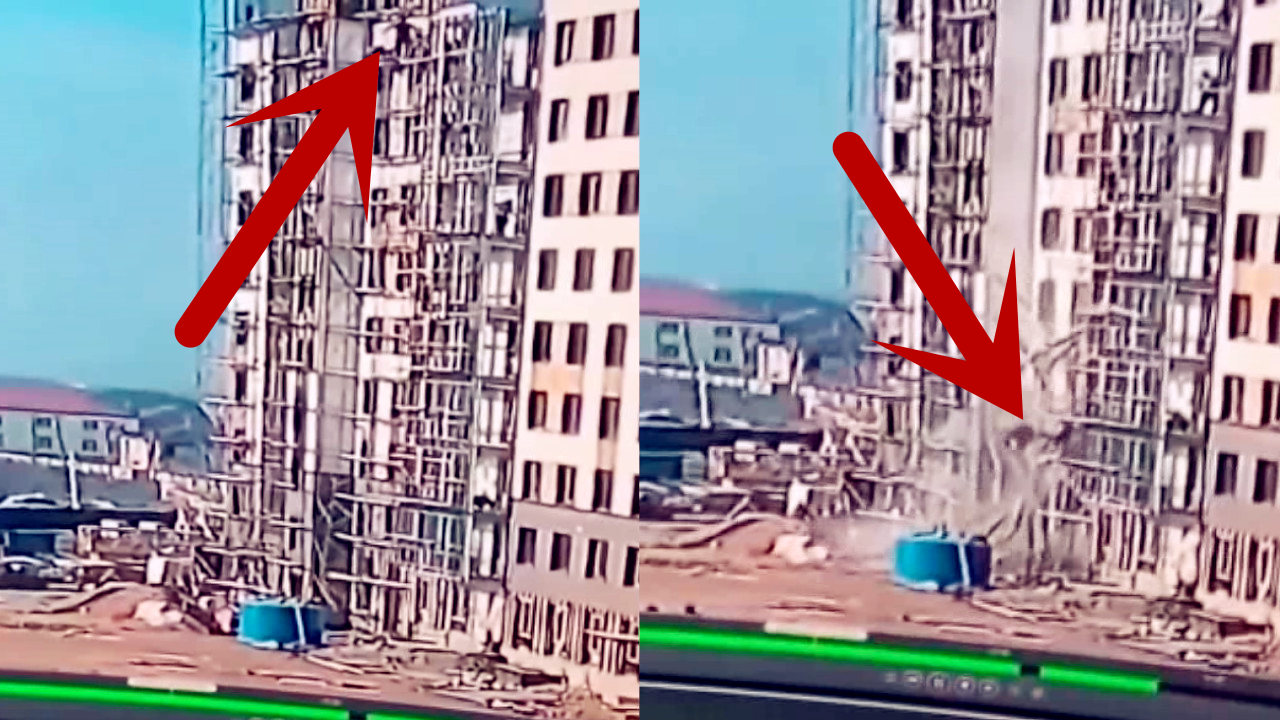 现场视频曝光!工人9层楼高处施工时脚手架塌了 工人极速坠向地面