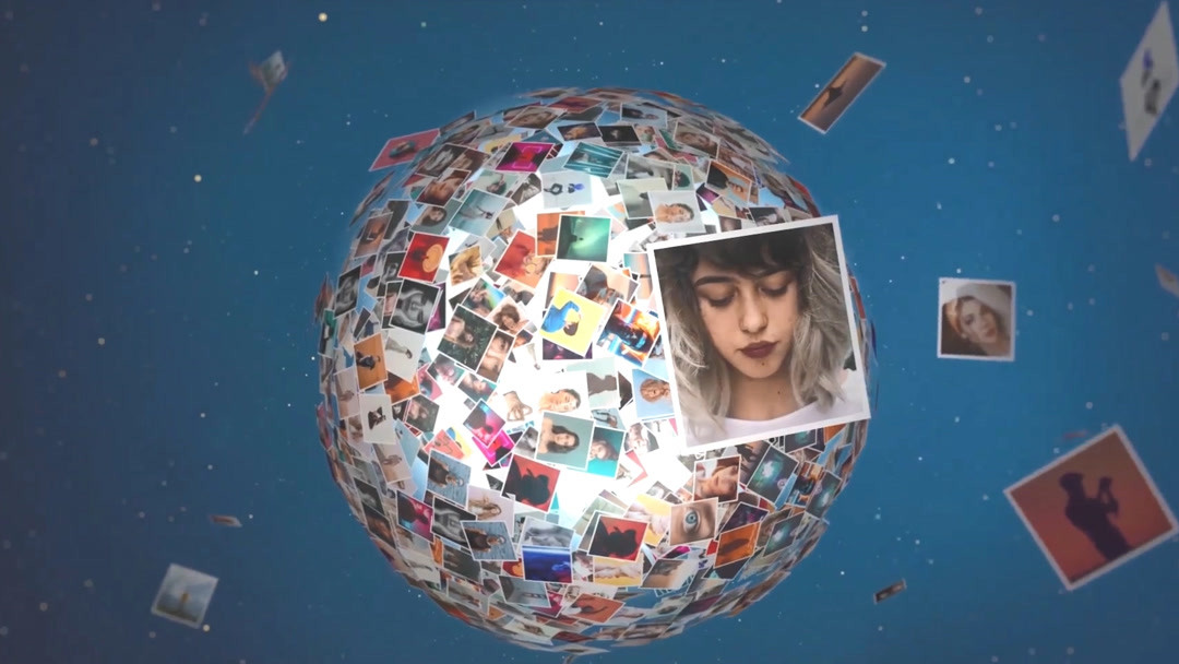 AE模板-照片空间感多照片零重力飘落照片汇聚球体特效的公司片头模板