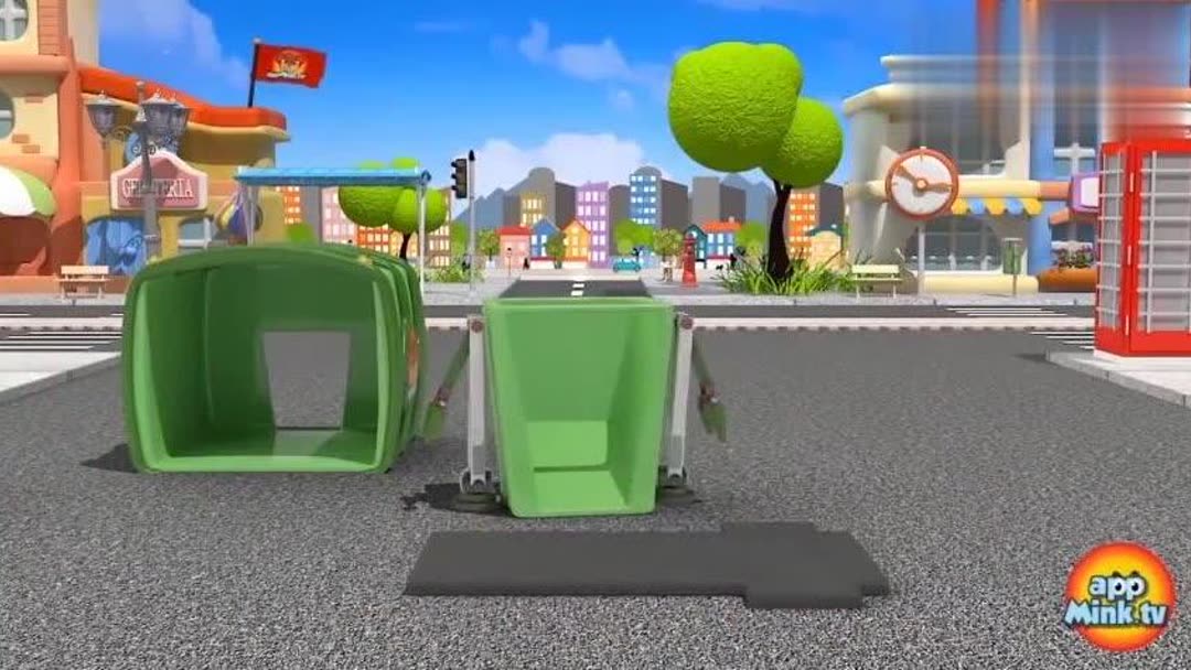 儿童动画,工程车动画,垃圾车组装好后清理路边的垃圾