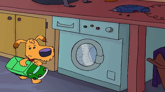 小狗皮皮想把卡车藏洗衣机,谁料妈妈要洗衣服,吓得皮皮赶紧跑!