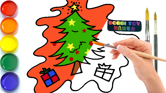 波比简笔画:教你画圣诞树,认颜色学英语,儿童轻松学画画