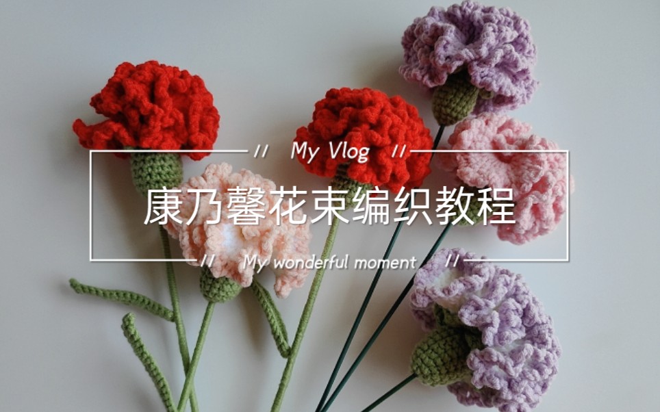 手工编织毛线简易版康乃馨花束编织视频教程2