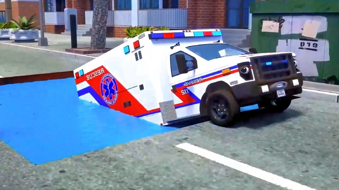 儿童工程车动画视频:警车和吊车救援掉在水坑里的救护车