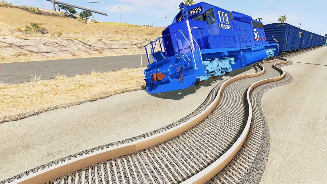 超长内燃机车加速冲向弯曲的铁轨(火车出轨事故),车祸模拟器