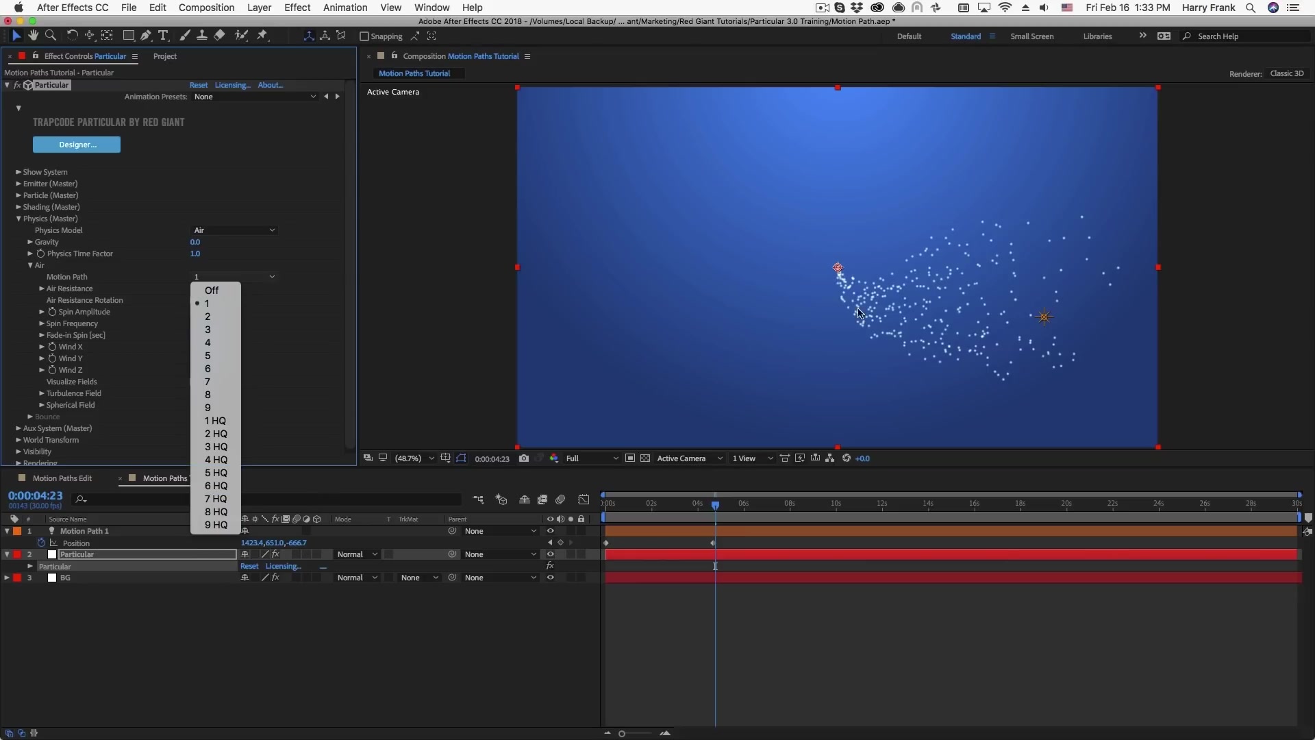 粒子沿灯光路径发射Trapcode Particular 3 Training _ 13_ Motion Paths