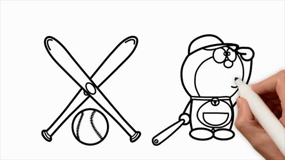 亲子简笔画:机器猫玩棒球