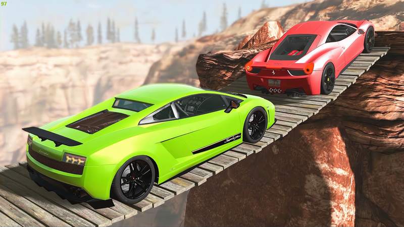 左右摇摆的木质限载吊桥vs兰博基尼,法拉利和宝马M5,车祸模拟器