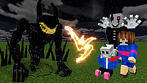 我的世界:班迪大战Chara、狂妄审判组Sans和G爹,恶魔形态有点强