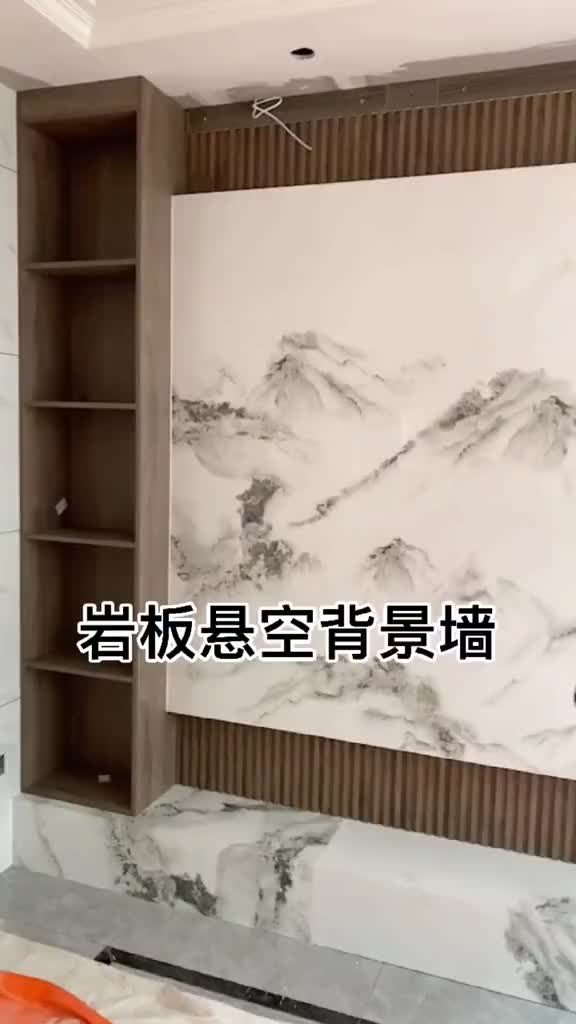 岩板悬空木格栅带地台背景墙安装实拍,欣赏