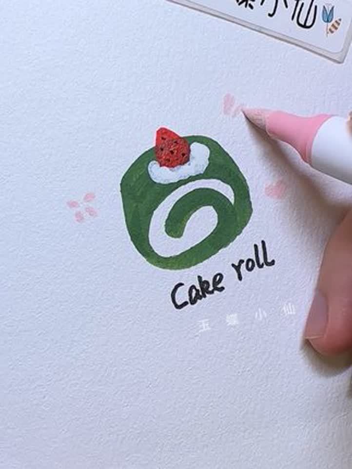 抹茶瑞士蛋糕卷草莓蛋糕手绘丙烯马克笔简笔画教程,跟我学画画