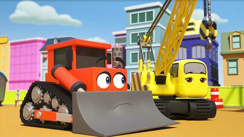 儿童卡通车动画:工程车们在施工现场遇暴雨,挖掘机营救小伙伴