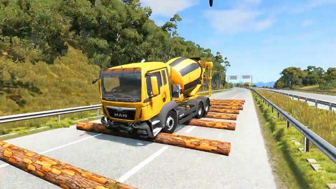 车祸模拟器:高速公路上铺了一排的木头减速带车辆都开报废了