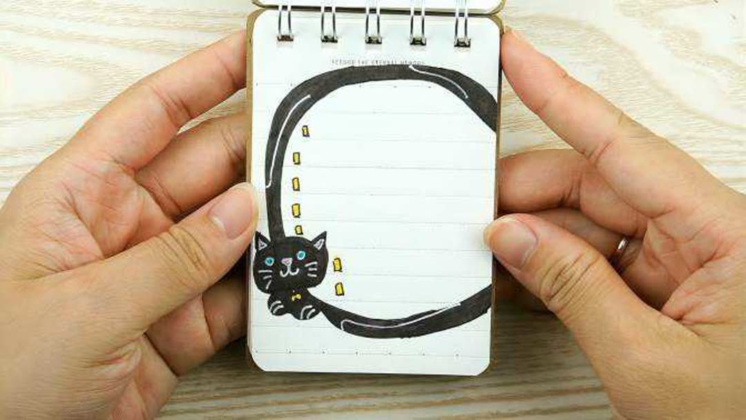 儿童迷你便签本手绘,可爱的黑猫咪图画,创意记事本图案