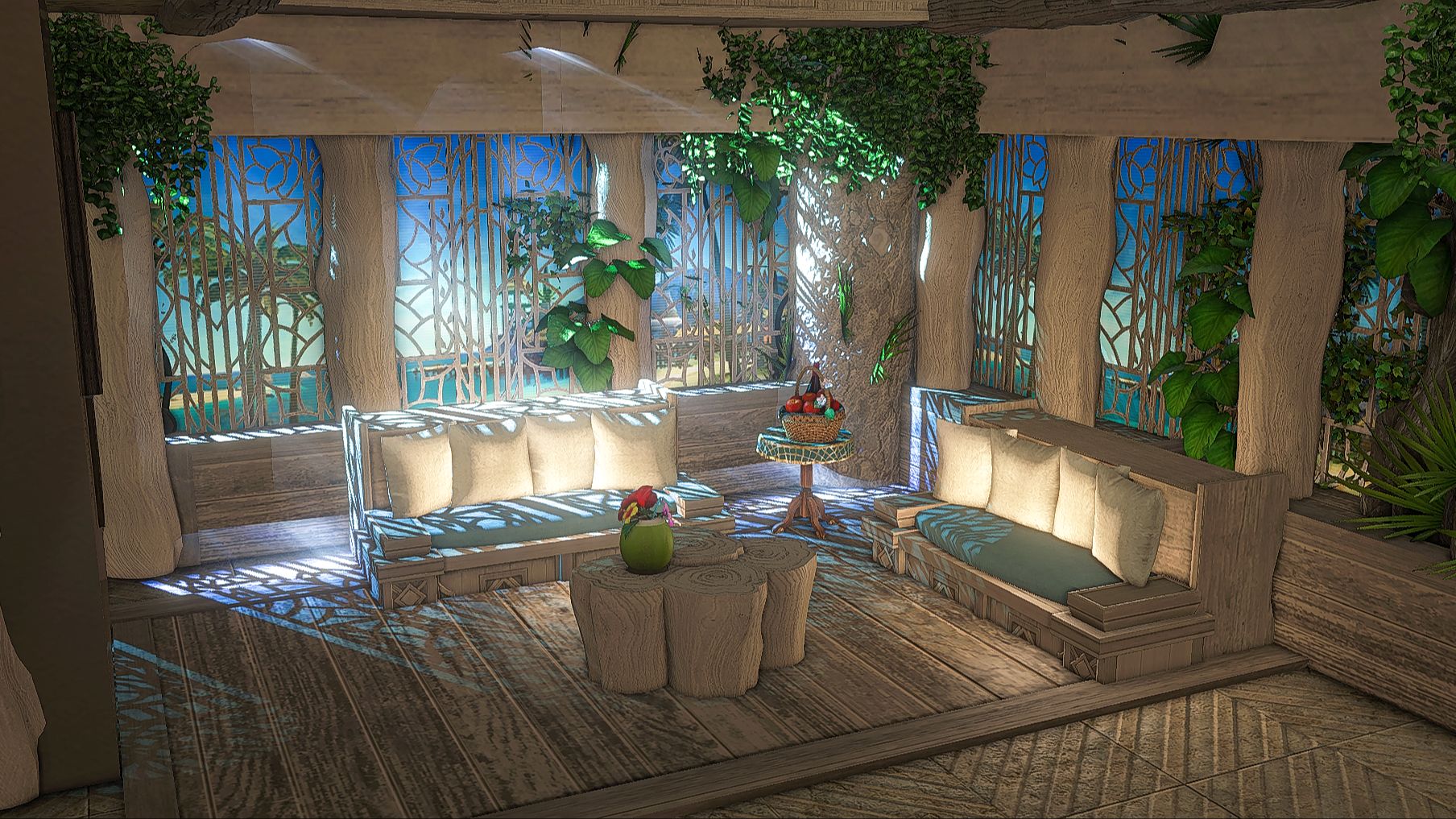 [FF14装修|L房多层]『 海滨桦木树屋 』多层别墅 | 绿植 | 原木感 | 浅色...