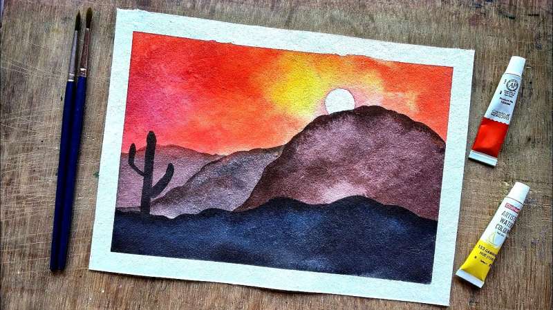 新手入门可学的水彩绘画视频,一步步绘制山上日出风景