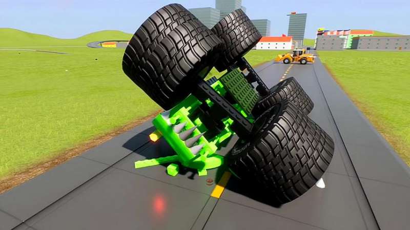 乐高BeamNG:改装大脚车开足马力冲向施工路段,模拟真实车祸