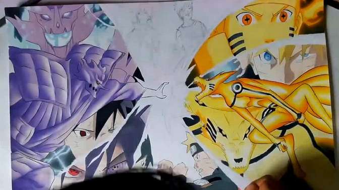 绘画火影忍者!县道鸣人九尾VS宇智波佐助须佐能乎!