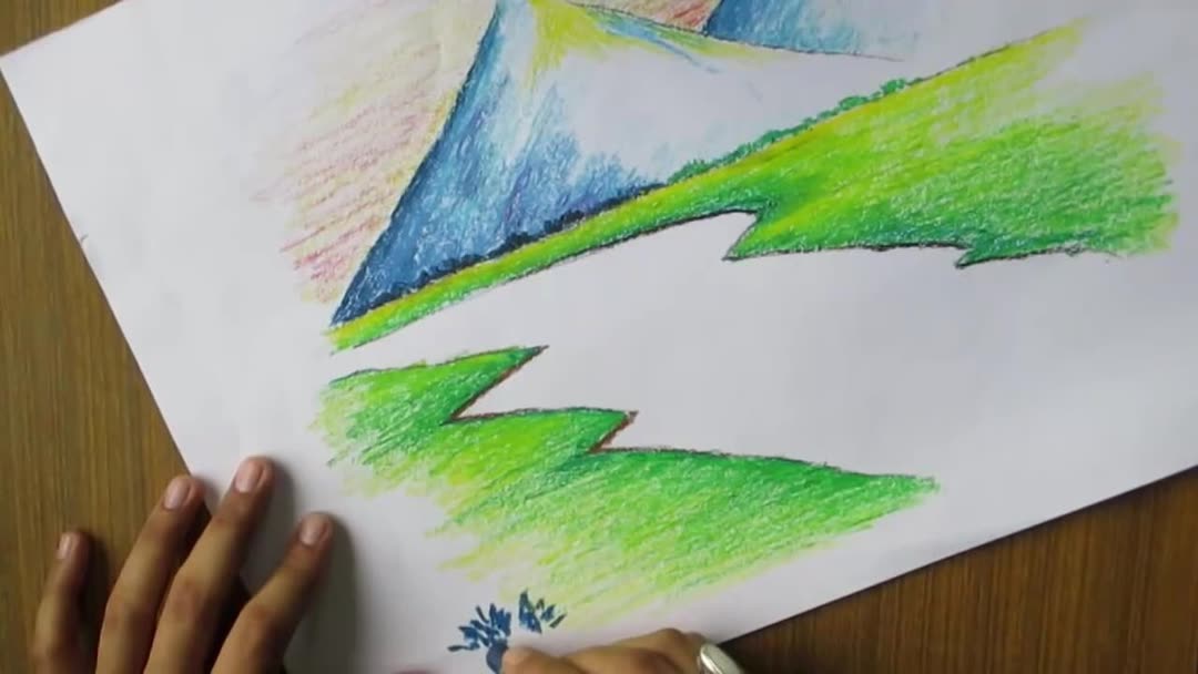 初学山水油蜡笔画