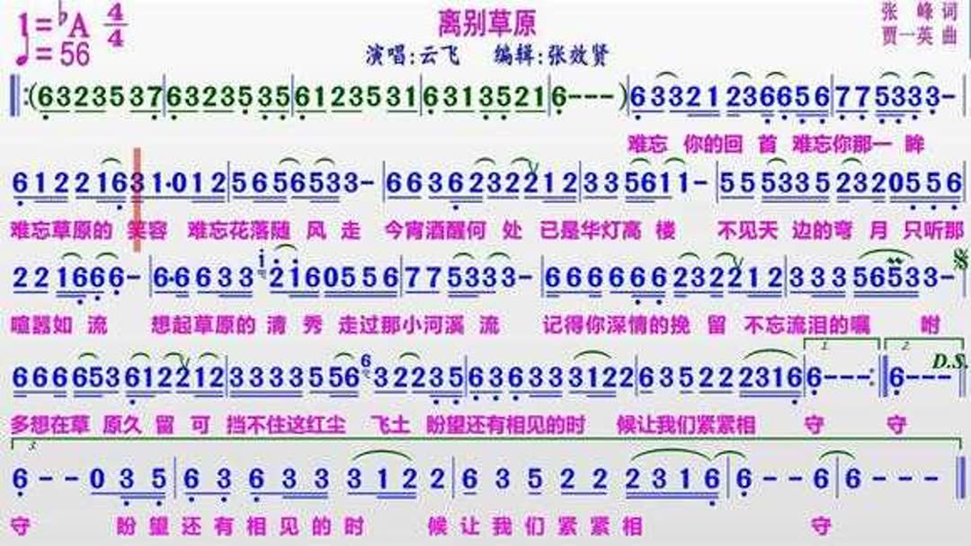 云飞演唱《离别草原》的光标跟随动态有声简谱