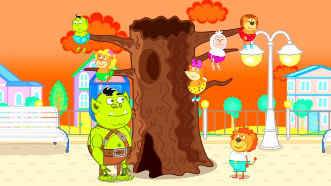 小狮子动画:五个小宝宝从天而降,绿巨人拿树桩将他们全部接住了