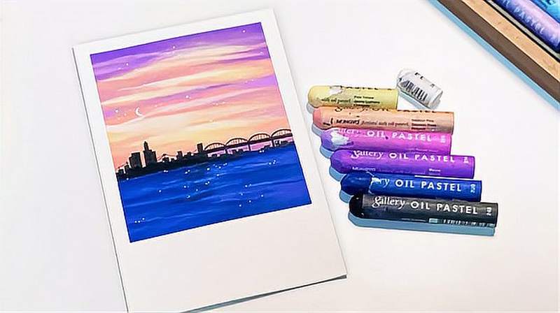 超级简单的油画棒教程,教你画出都市江边的风景