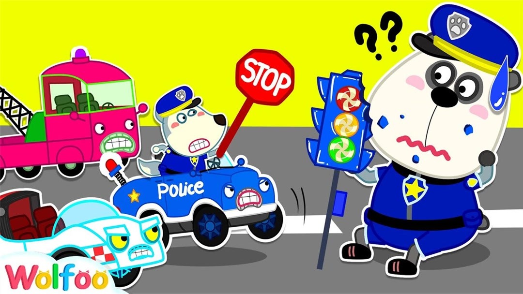 沃尔夫动画:汽车城指挥交通挑战,小熊却把彩虹红绿灯给吃掉了
