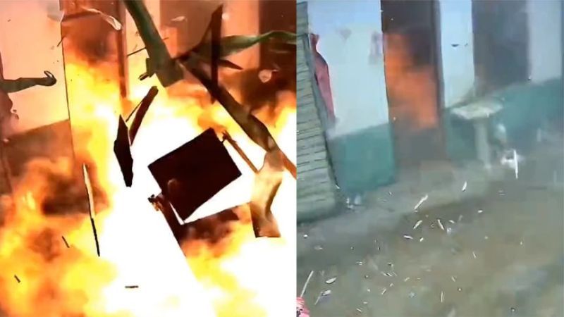 老人进厨房后煤气罐爆炸,一瞬间火团喷出残渣乱飞,跑出来时泪目